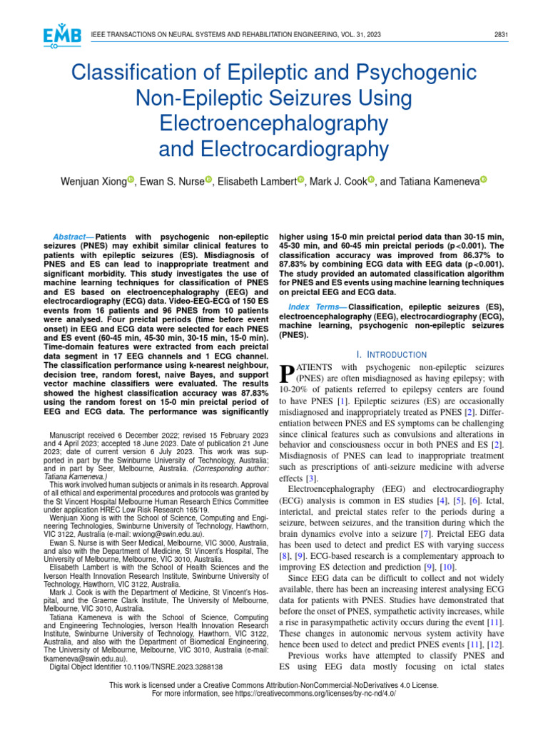 Classification of Epileptic and Psychogenic Non-Epileptic Seizures Using Electroencephalography ...