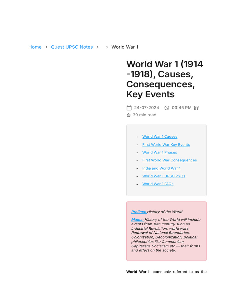 World War 1 (1914 - 1918), Causes, Consequences, Key Events | PDF ...