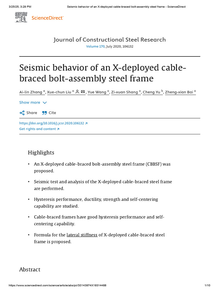 Seismic Behavior of An X-Deployed Cable-Braced Bolt-Assembly Steel Frame - ScienceDirect | PDF ...