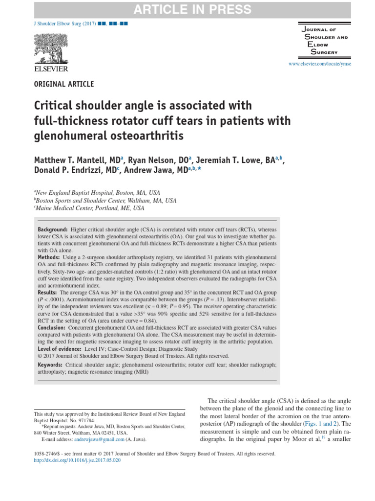 Critical Shoulder Angle Is Associated With Full-Thickness Rotator Cuff Tears in Patients With ...