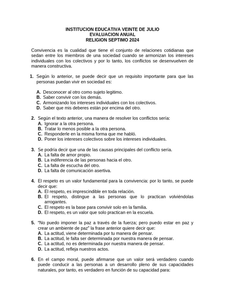 Prueba Religion - Septimo 2024 | PDF | Libertad | Moralidad