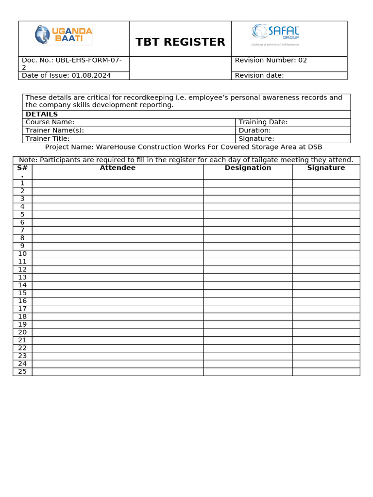 1.UBL-EHS-FORM-07-2 - TBT Register | PDF