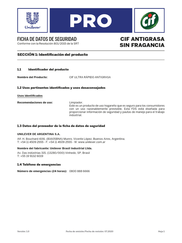 Ficha de Seguridad CIF Antigrasa Sin Fragancia | PDF | Química