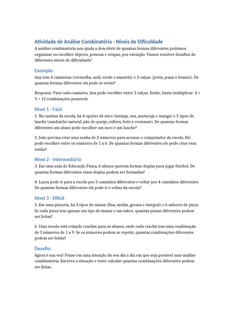 Atividade Analise Combinatoria Niveis | PDF