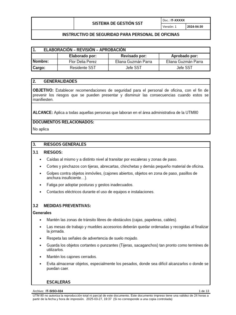 Instructivo Normas de Seguridad Personal de Oficina | PDF