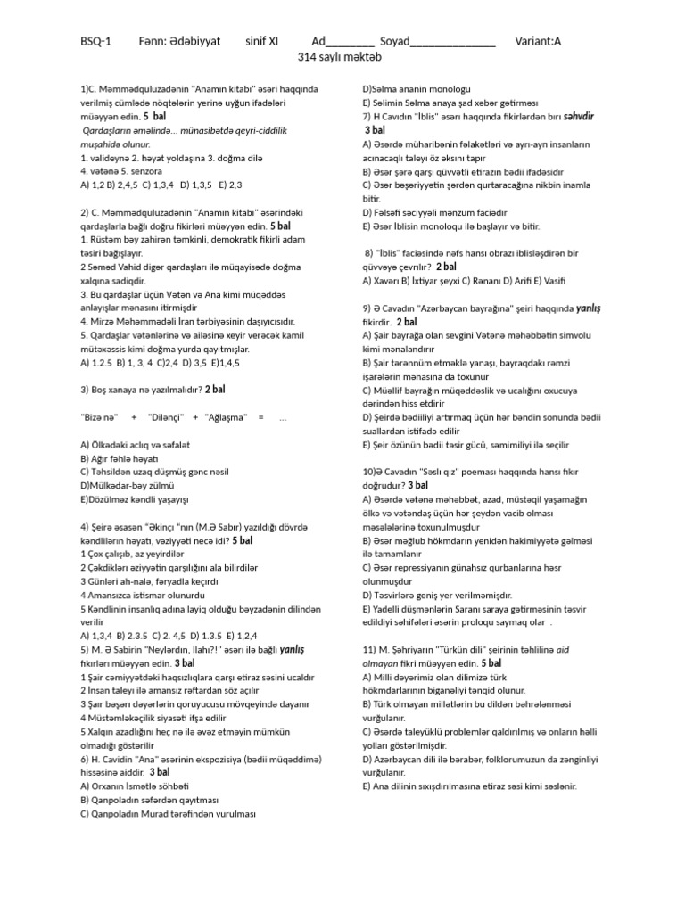 Edebiyyat Bsq 1 Xl sinif variant A | PDF