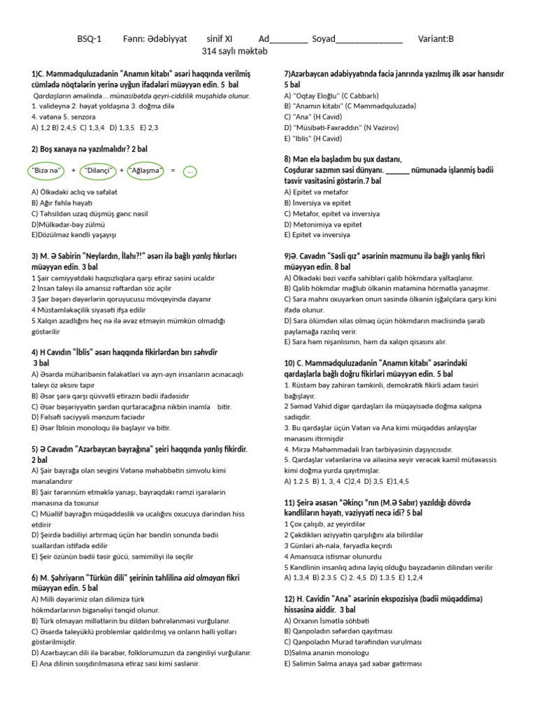Edebiyyat Bsq -1 Xl sinif variant B | PDF
