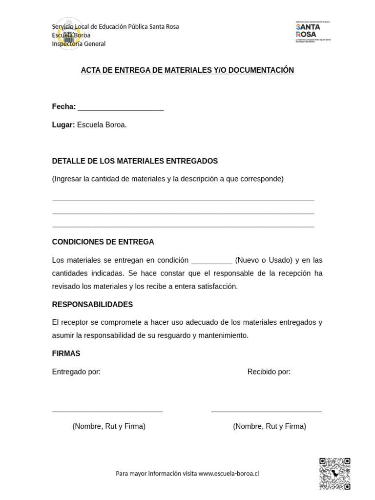 ACTA DE ENTREGA DE MATERIALES Y DOCUMENTACIÓN | PDF