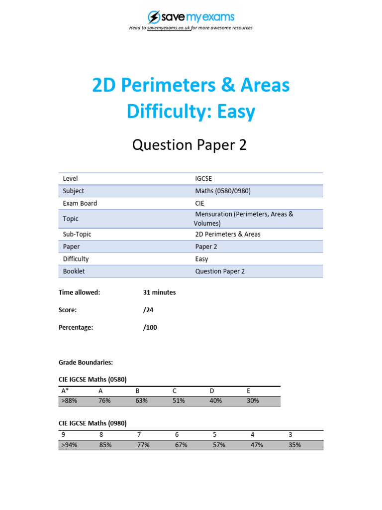 E5.2 2D Perimeters - Areas 2A Topic Booklet 2 - 1 | PDF | Student ...
