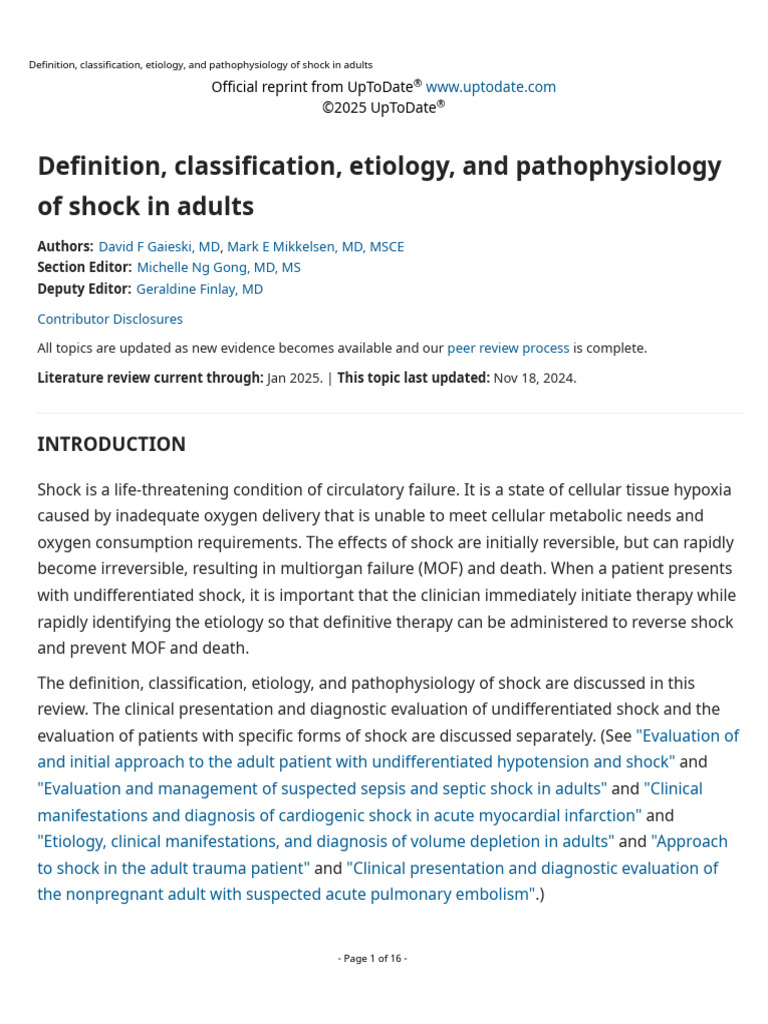 Definition, Classification, Etiology, And Pathophysiology of Shock in ...