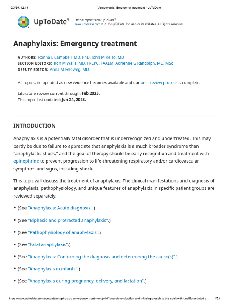 Anaphylaxis - Emergency Treatment - UpToDate | PDF | Intravenous ...