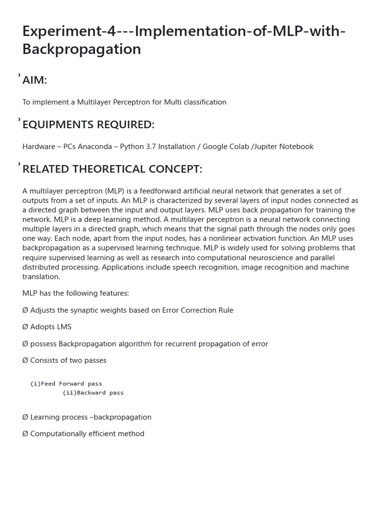 VINUTHNA 2004 - Experiment 4 - Implementation of MLP With Backpropagation | PDF | Theoretical ...