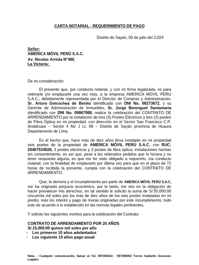 CARTA NOTARIAL - REQUERIMIENTO DE CONTRATO DE ARRENDAMIENTO | PDF ...