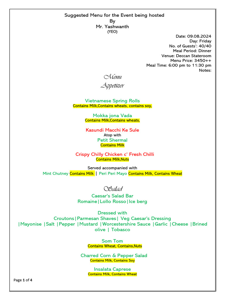 09.08.2024 Mr. Yashwanth - YEO-Dinner - DG-Veri I | PDF | Western Cuisine | Food And Drink ...