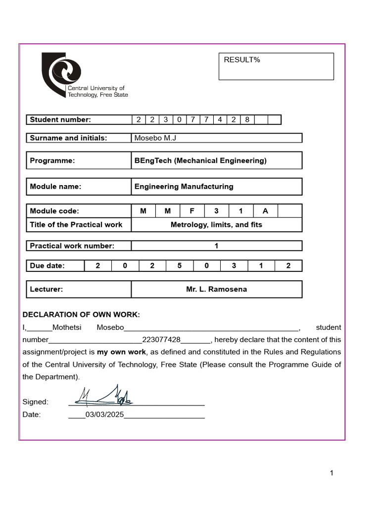 Manufacturing Practical 1 - Mosebo | PDF | Bearing (Mechanical) | Accuracy And Precision