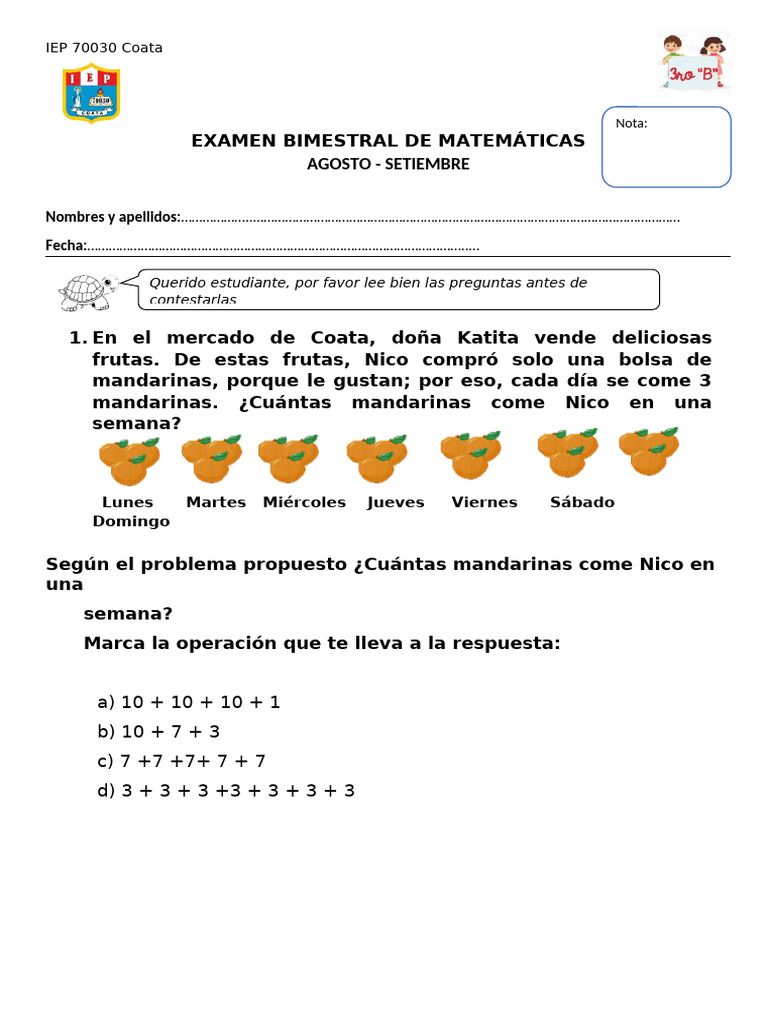 Eamen Bimestral de Matematicas Agosto Setiembre | PDF