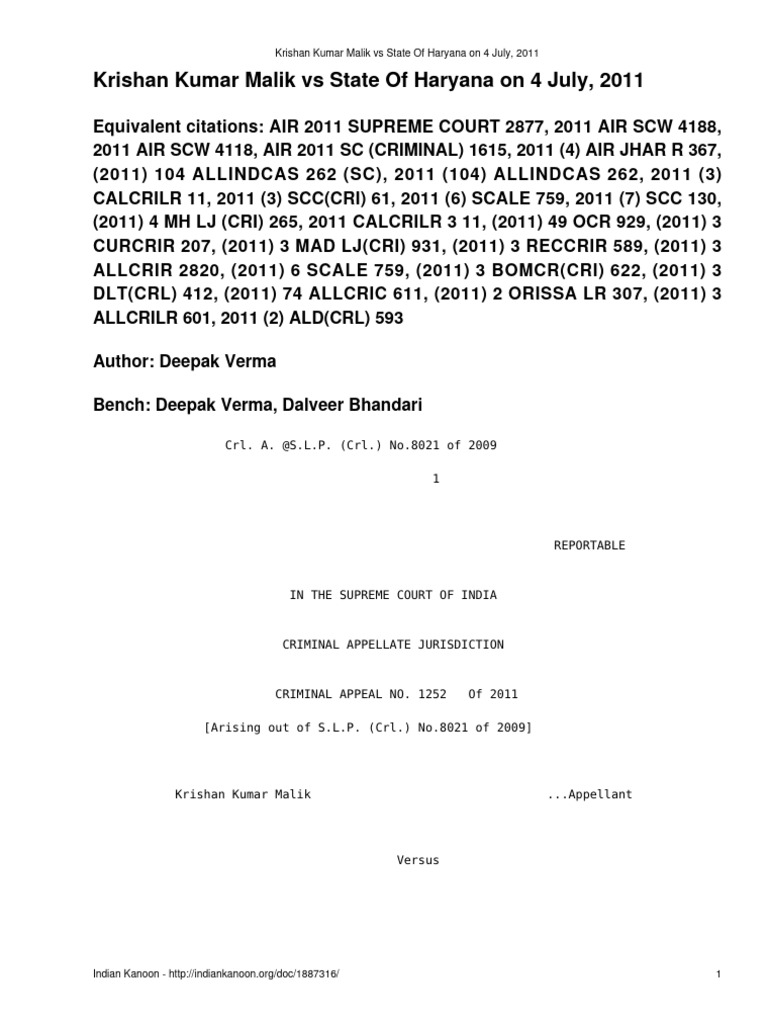 Krishan Kumar Malik Vs State of Haryana On 4 July 2011 | PDF | Prosecutor | Hearsay