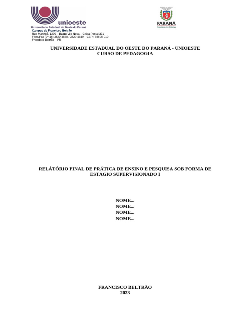 Capa e Contracapa - Relatório Final | PDF