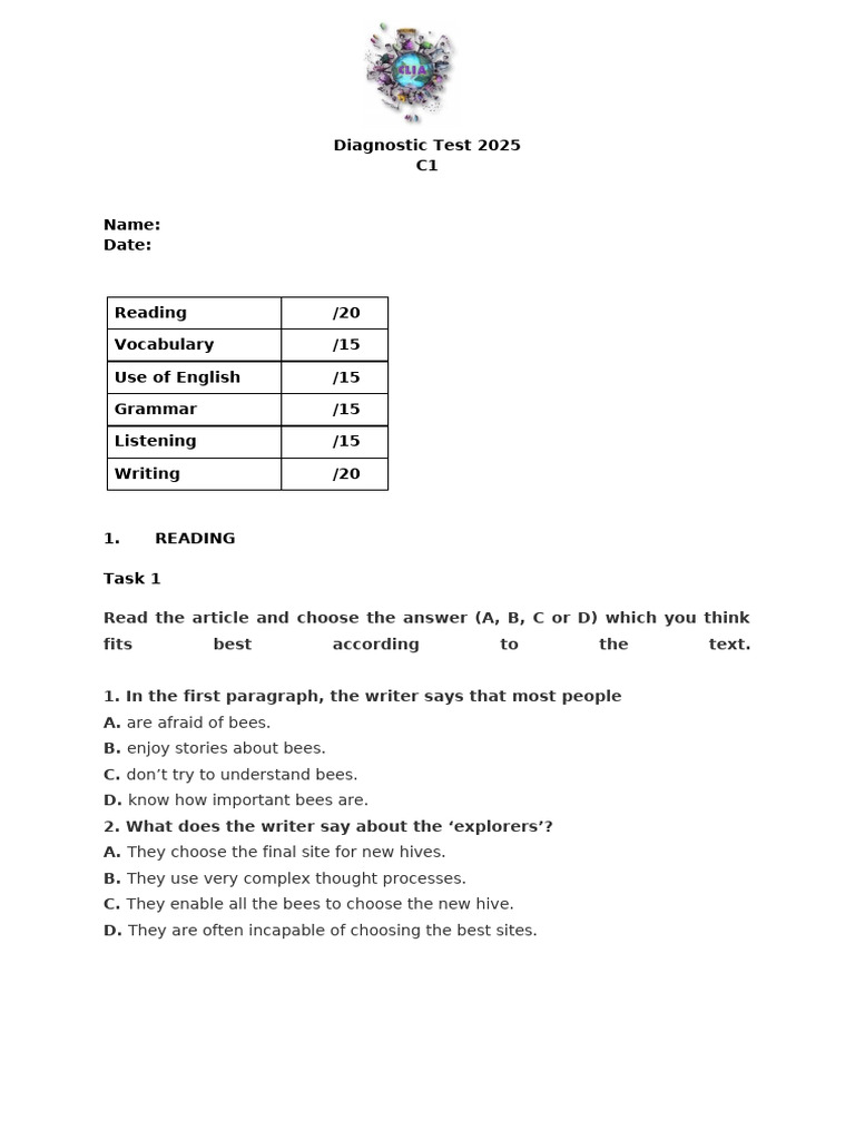 C1 Diagnostic Test Overview | PDF | Thought | Bees
