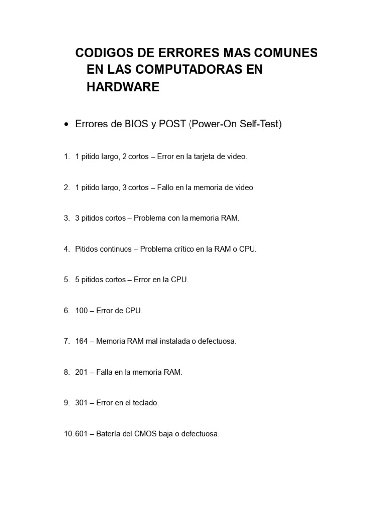 Códigos de Errores Comunes en Hardware | PDF | Hardware de la ...