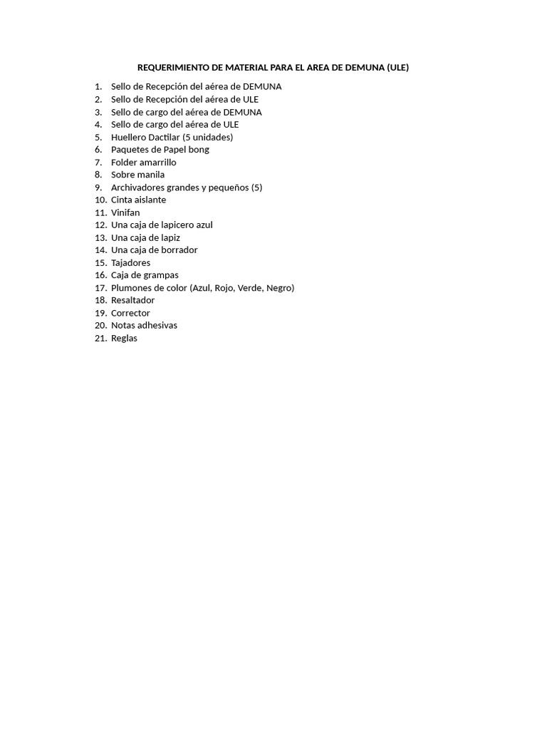 Requerimiento de Material DEMUNA ULE | PDF
