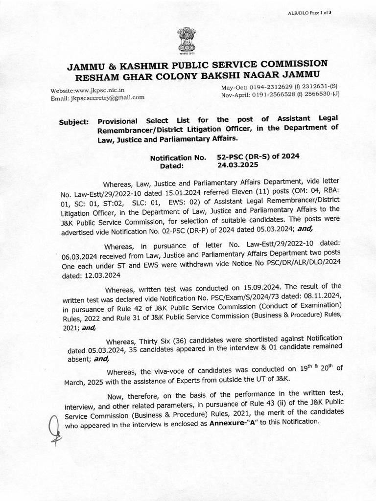 Provisional Selection List For The Post of Assistant Legal Remembrancer ...