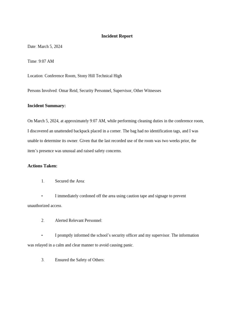 Unattended Backpack Incident Report | PDF