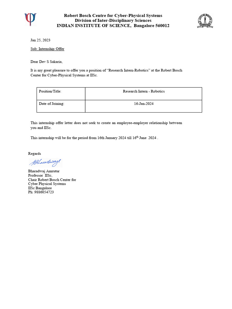 IISC Internship Offer - Dev Sanjay Sakaria | PDF