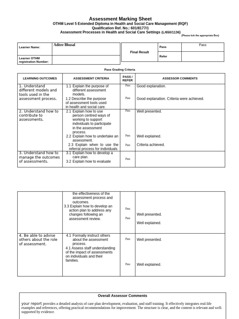 Health and Social Care Assessment Guide | PDF | Learning | Cognition