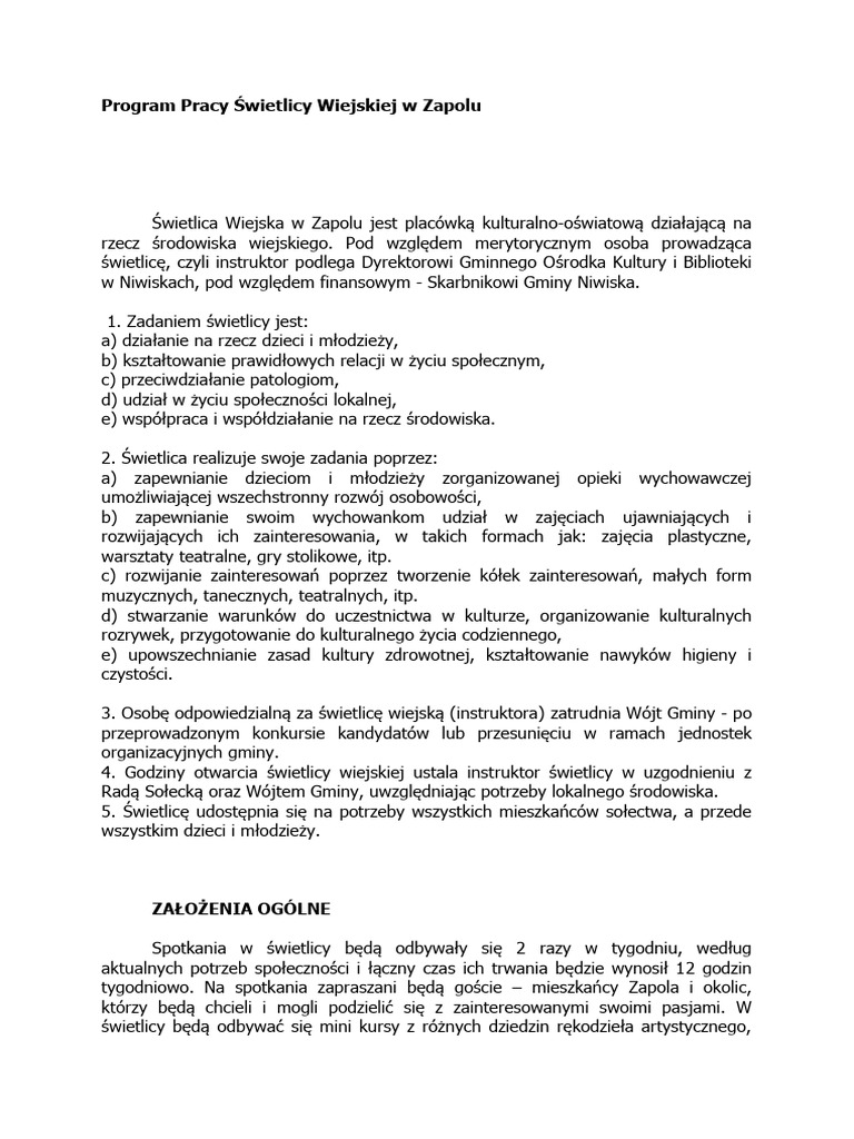 Plan Pracy Świetlicy - Zapole | PDF