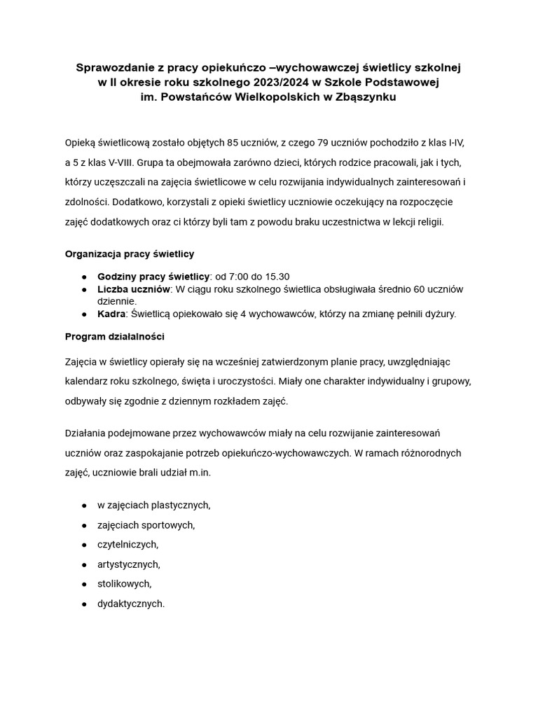 Sprawozdanie Z Pracy Opiekuńczo - Wychowawczej Świetlicy Szkolnej | PDF