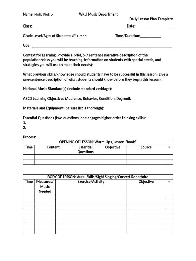 Everyday Lesson Plan Template WKU2.11 | PDF | Lesson Plan | Education ...