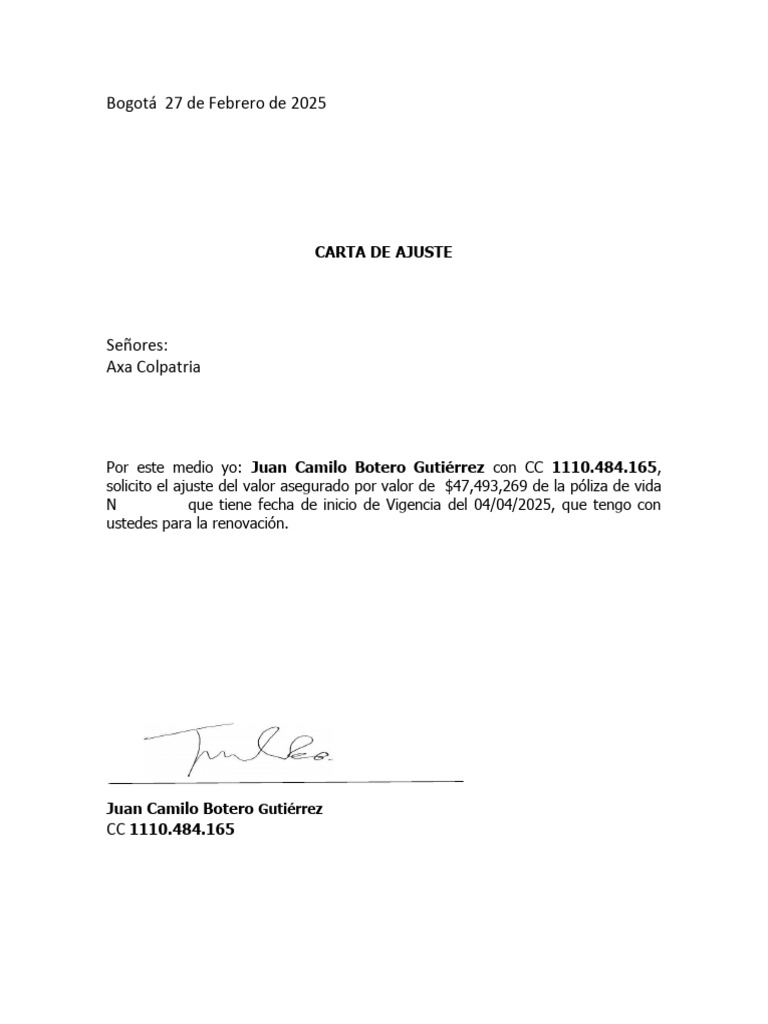 Carta de Ajuste Axa Colpatria Polizas Juan Botero | PDF