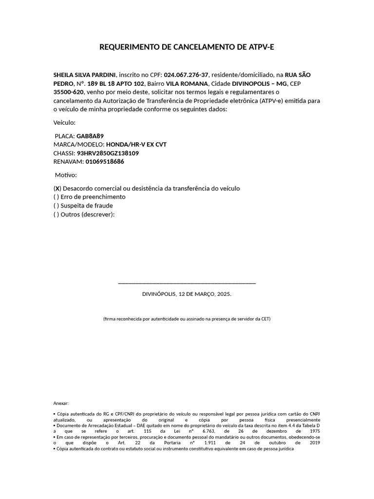 REQUERIMENTO DE CANCELAMENTO DE ATPV | PDF