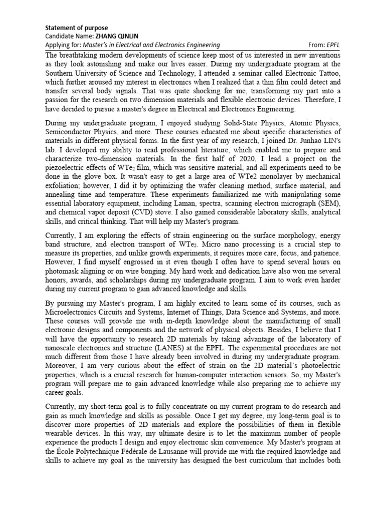 Electrical and Electronics Engineering Statement of Purpose | PDF ...