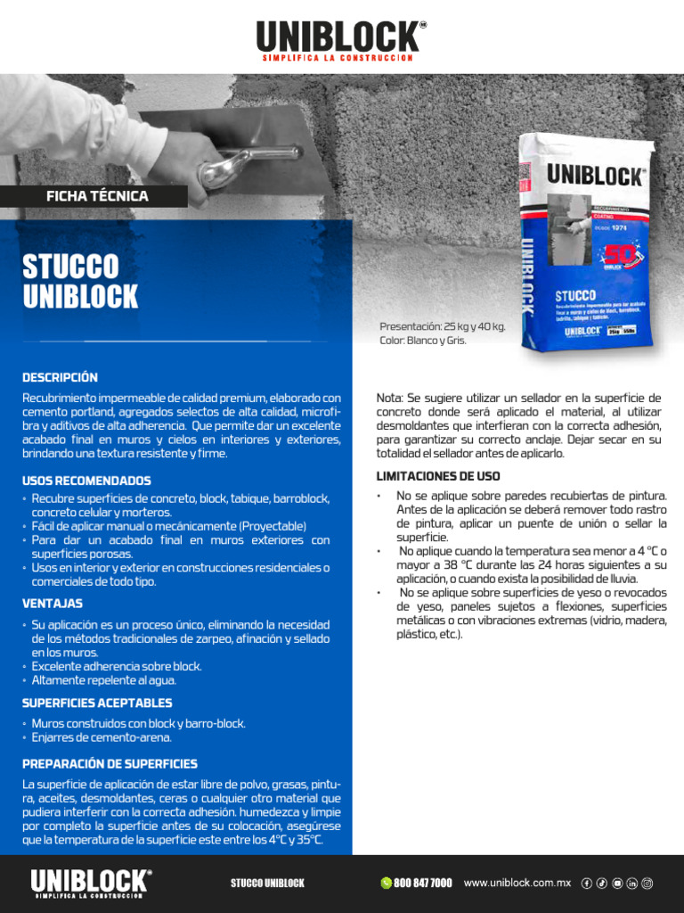 Usos y beneficios del Estuco Uniblock | PDF | Hormigón | Pintar