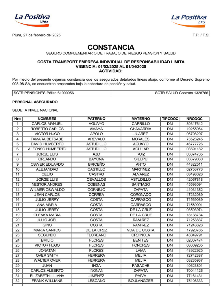 Constancia SCTR Salud y Pensión 01.03.2025 | PDF | Las condiciones de trabajo | La seguridad