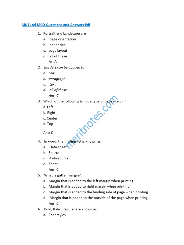 Ms Excel MCQ Questions Compressed | PDF