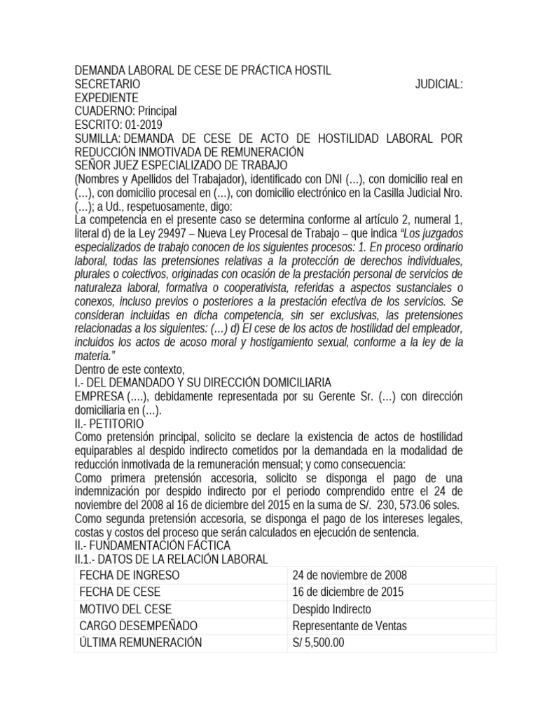 Demanda por Cese de Hostilidad Laboral | PDF | Derecho laboral | Salario