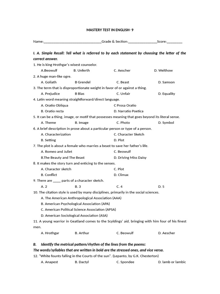 Mastery Test | PDF | Beowulf | Poetry