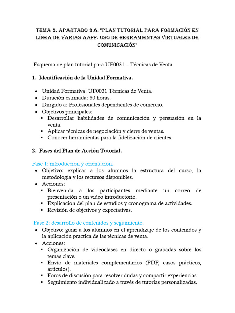 Plan Tutorial para Técnicas de Venta | PDF | Aprendizaje