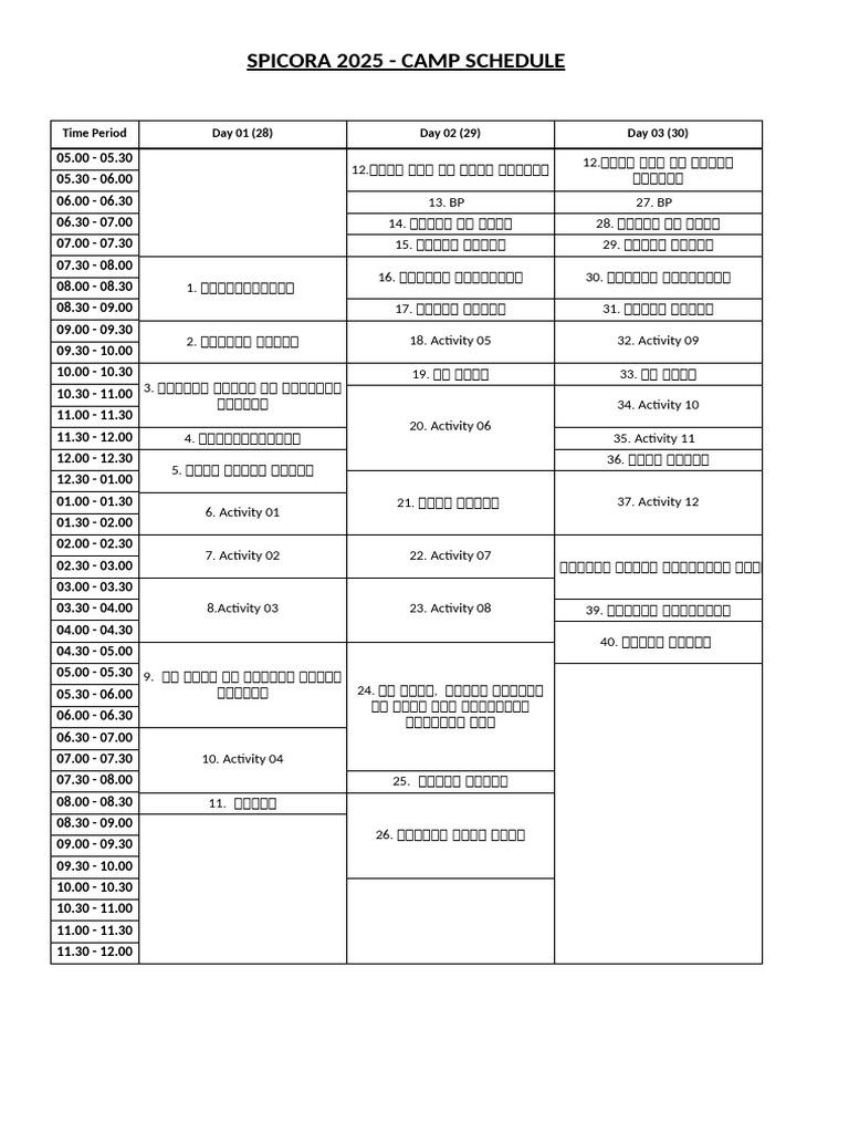 Camp Schedule Excell | PDF