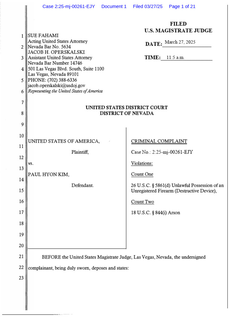 Criminal Complaint-Paul Hyon Kim | PDF | Caliber | Felony