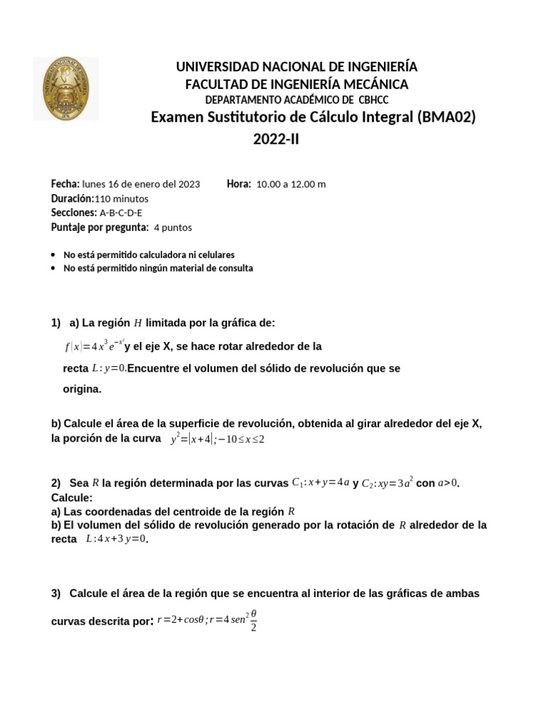 E SUSTITUTORIO BMA02 2022-2 SOLUCIONARIO-definitivo | PDF | Integral | Geometría