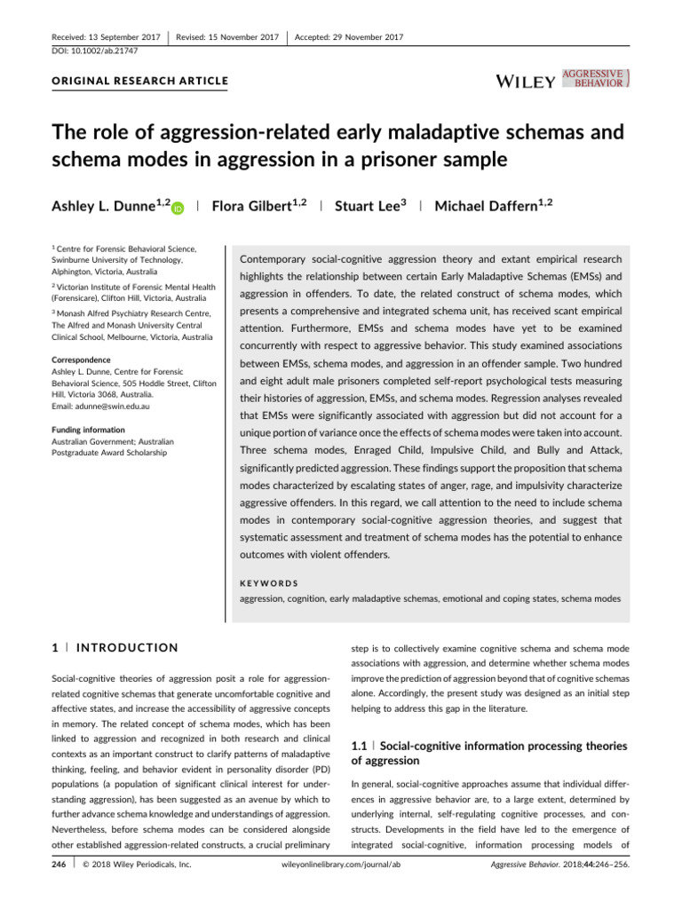 Aggressive Behavior - 2018 - Dunne - The Role of Aggression Related Early Maladaptive Schemas ...
