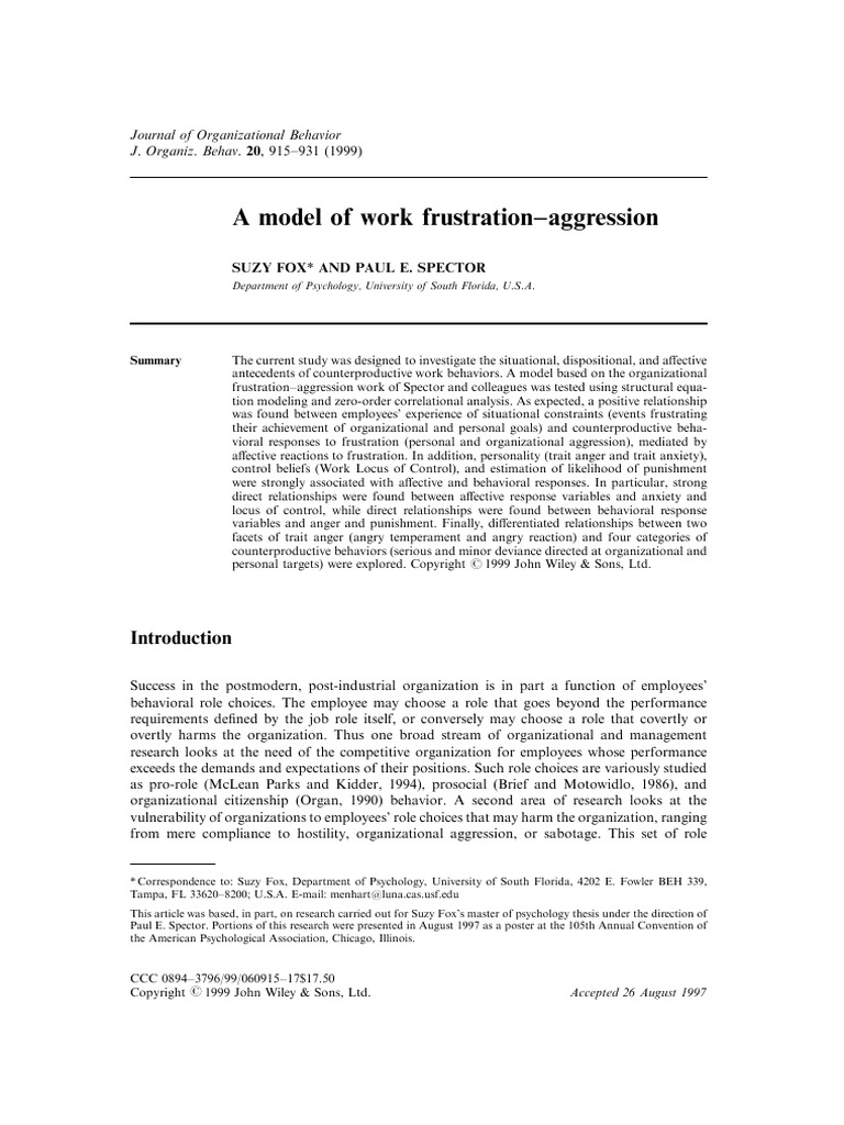 A Model of Work Frustration Aggression | PDF | Anger | Job Satisfaction