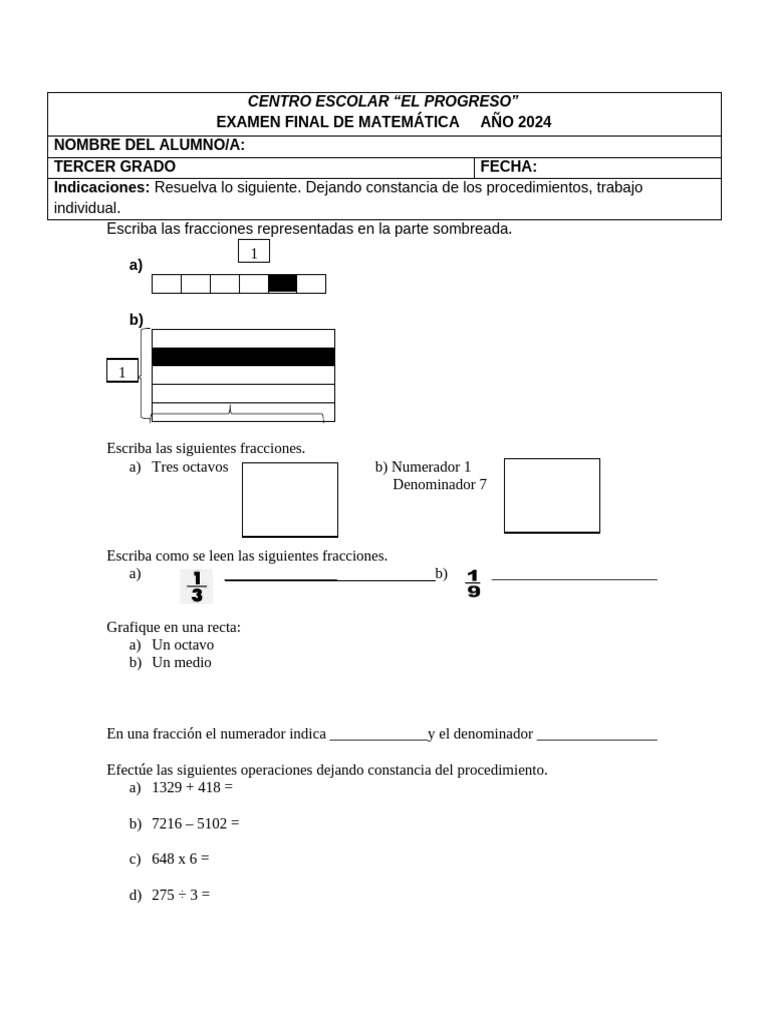 Examen Final de Matemáticas 3er Grado 2024 | PDF