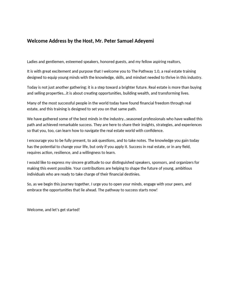 Welcome Address for Real Estate Training | PDF