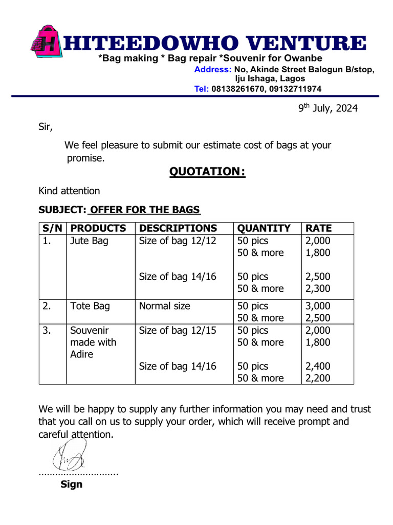 Quotation for bags | PDF