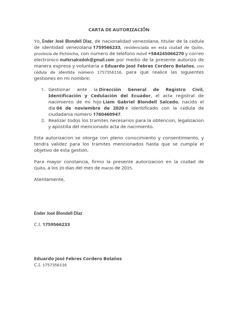 CARTA DE AUTORIZACIÓN- registro civil | PDF
